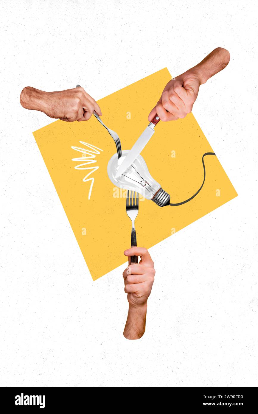 Vertical collage creative poster three human hands cut fork knife eat ...