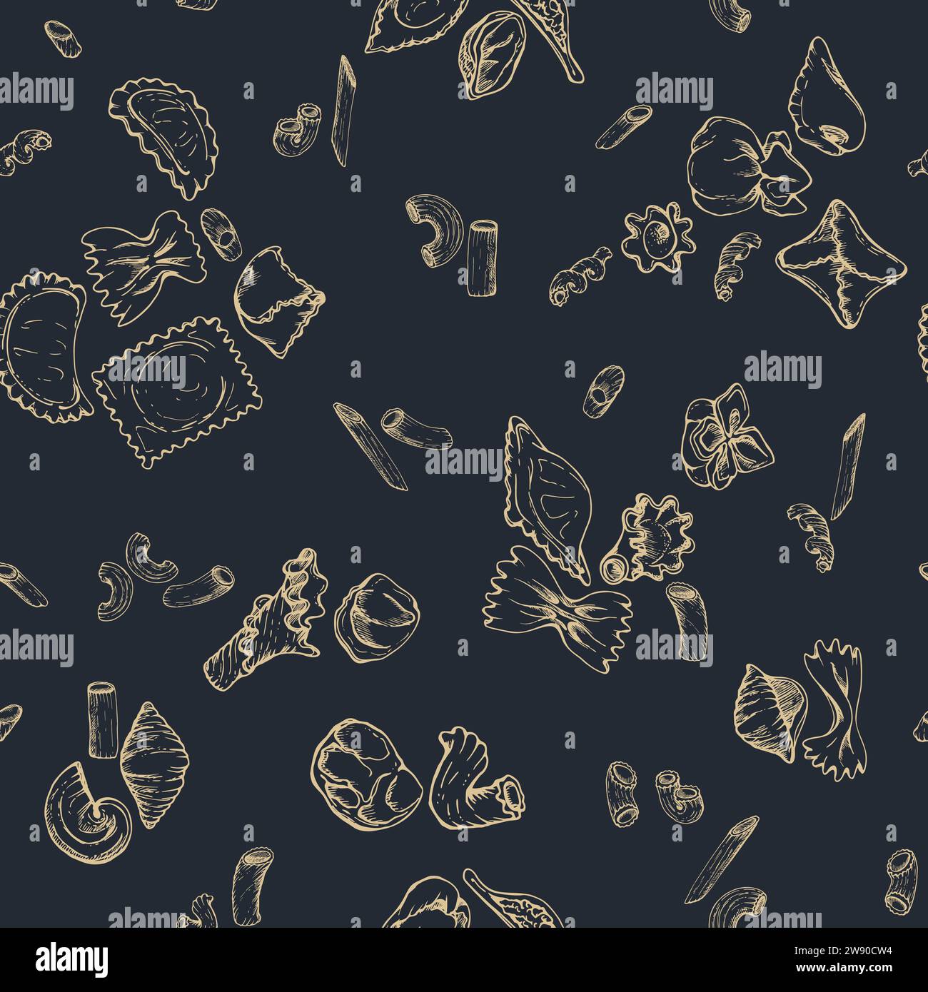 Hand drawn vector ink illustration. Different types of pasta Italian ...