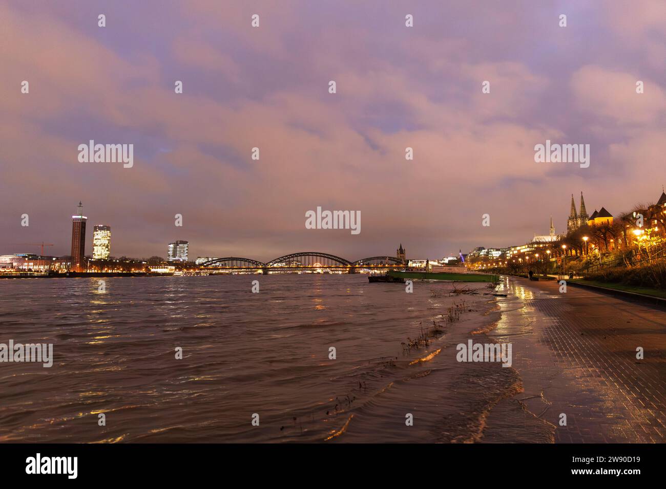 Cologne, Germany, December 20th. 2023, flood of the river Rhine, left ...