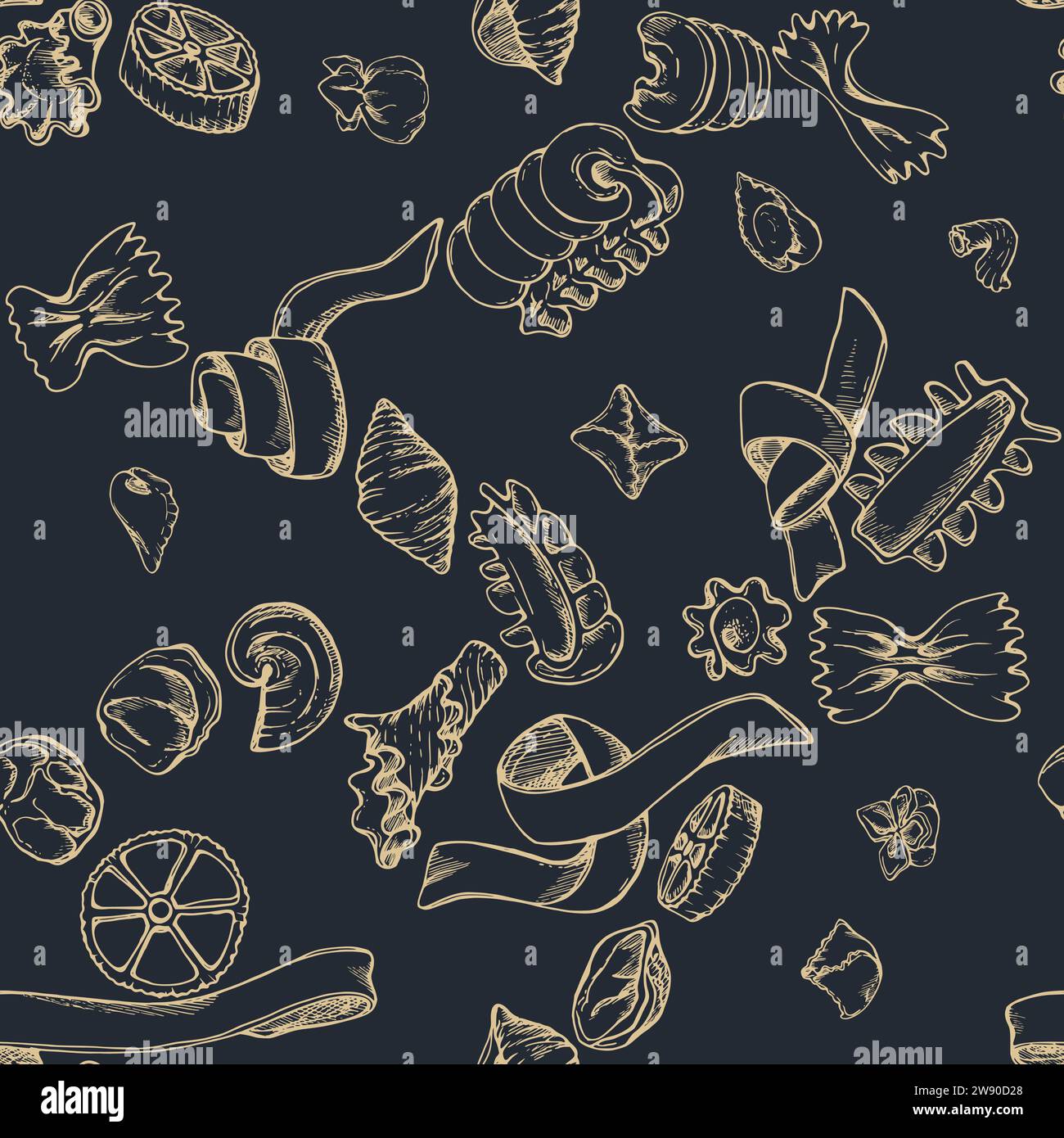 Hand drawn vector ink illustration. Different types of pasta Italian ...