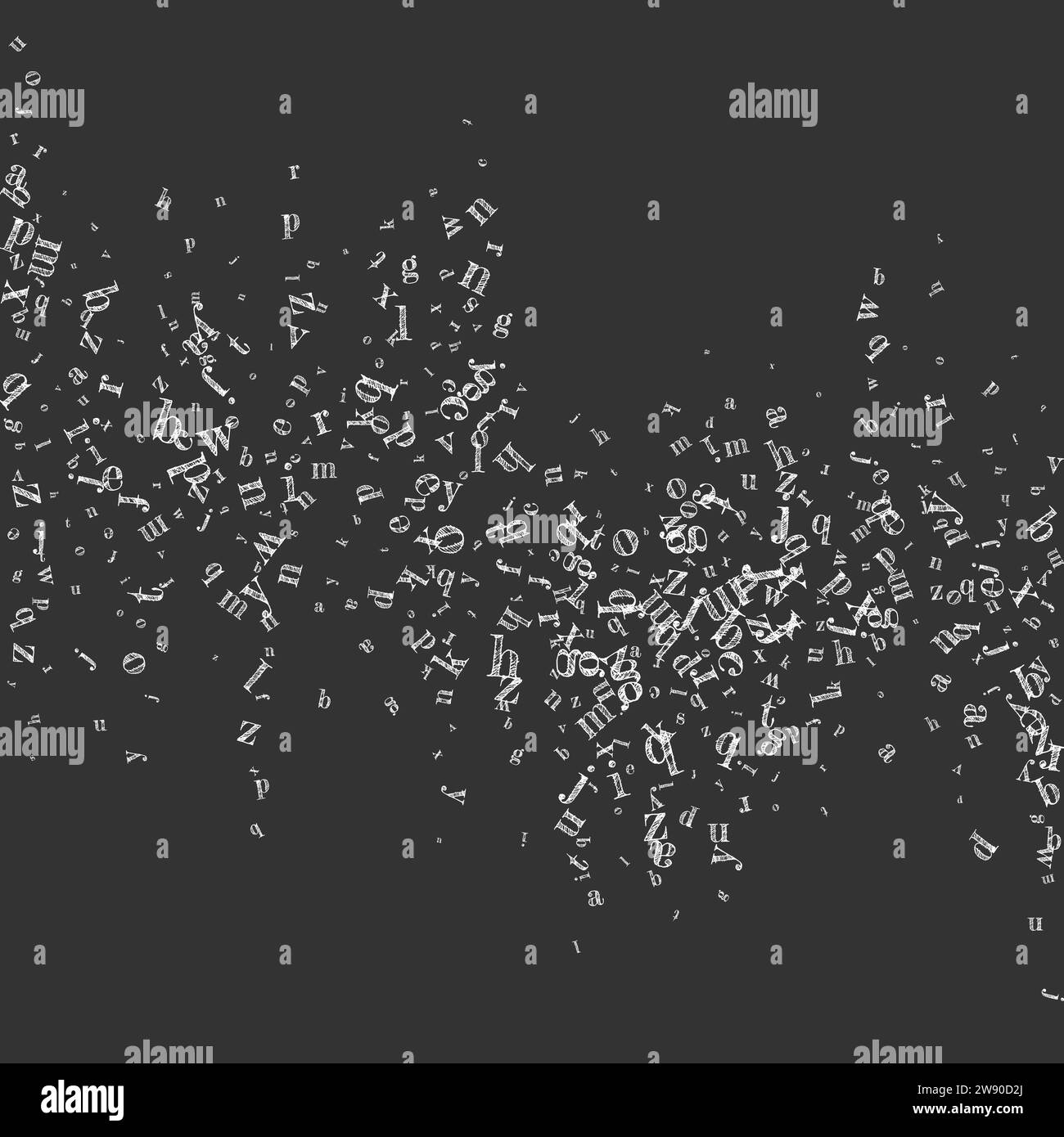 Flying latin letters. White chalk scattered charachters of English ...