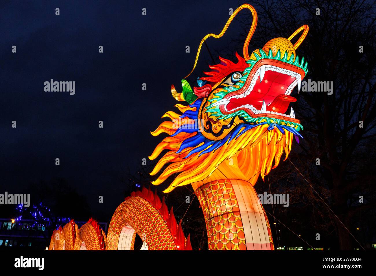 a large illuminated dragon advertises the China Lights Festival at ...