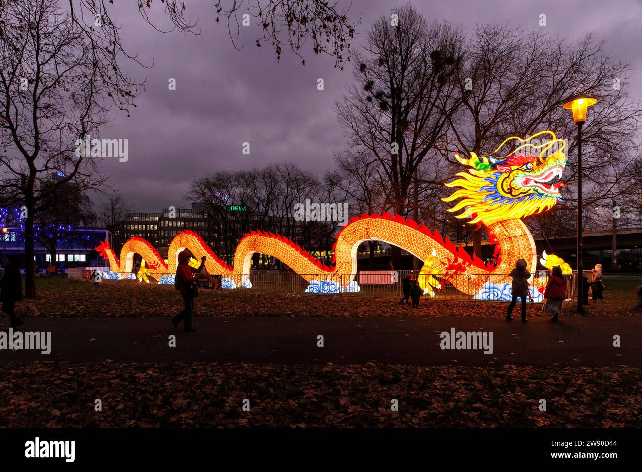 a large illuminated dragon advertises the China Lights Festival at ...