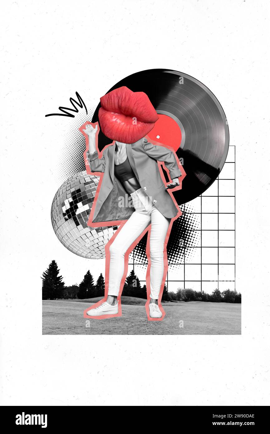 Vertical surreal funny photo collage of young woman female without head ...