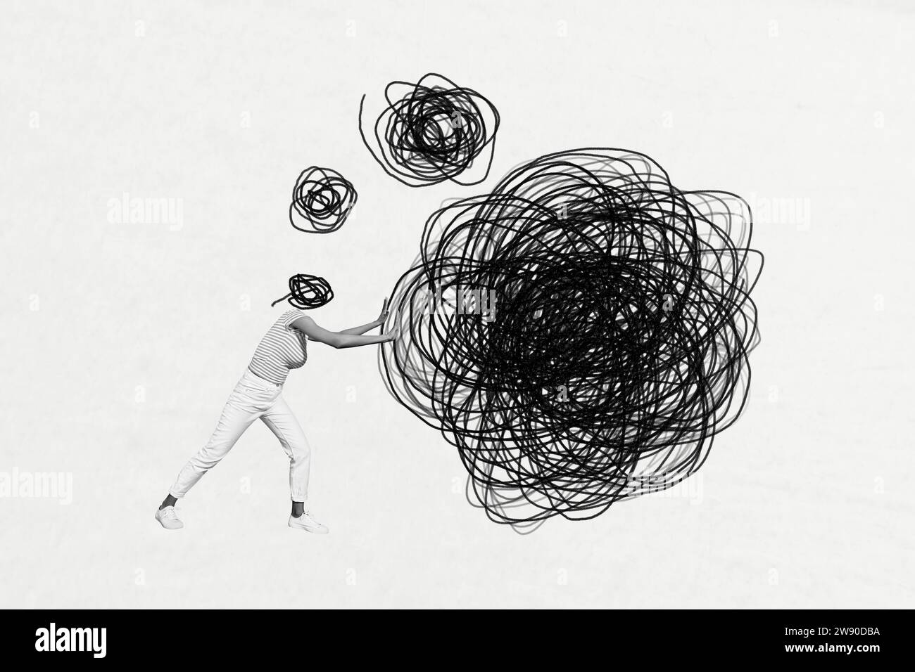 Creative poster collage of girl push chaos thoughts nervous ...