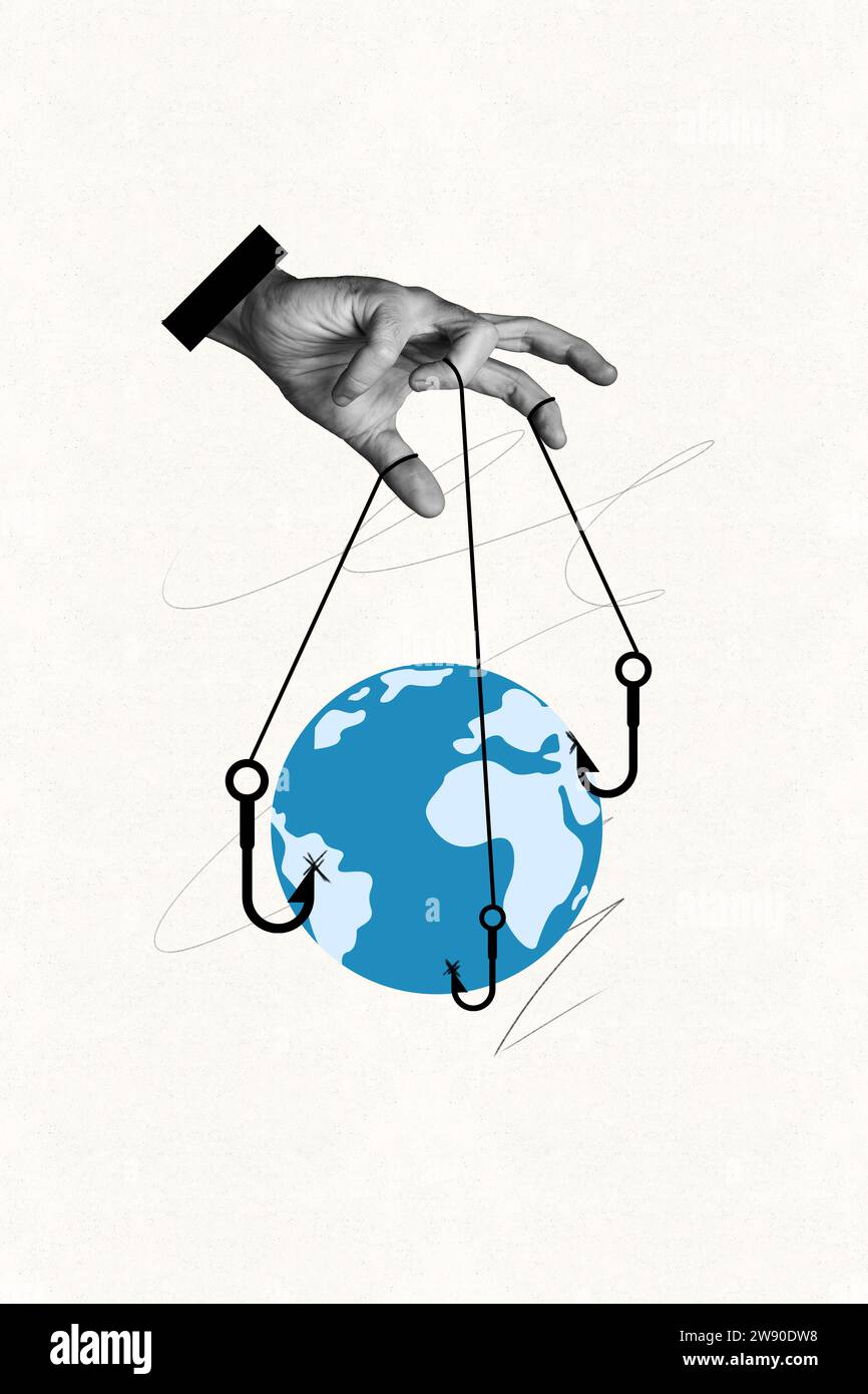 Vertical creative collage poster hand puppet hook catch planet support ...