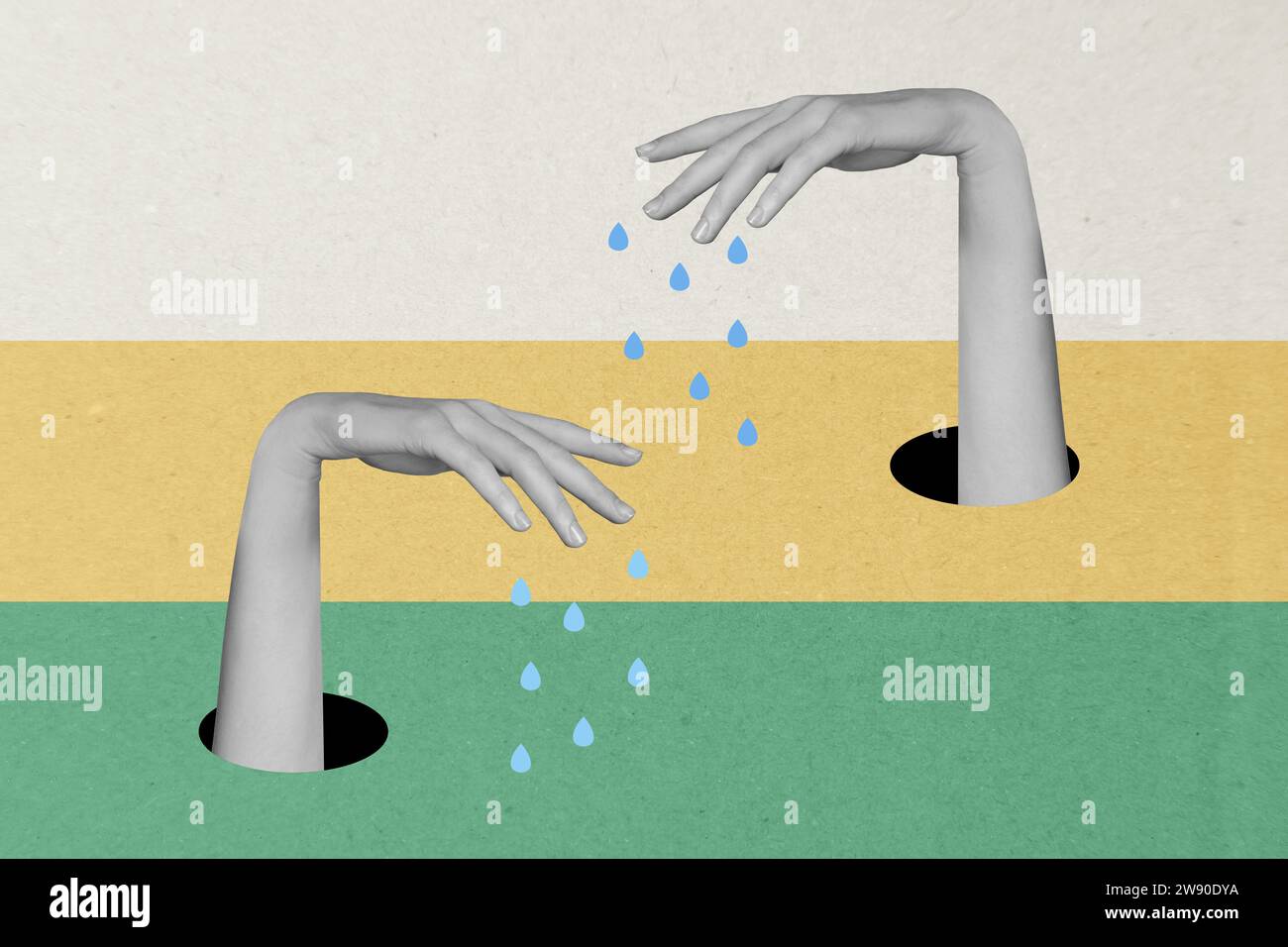 Creative collage picture frame concept two human wet hands dry water ...