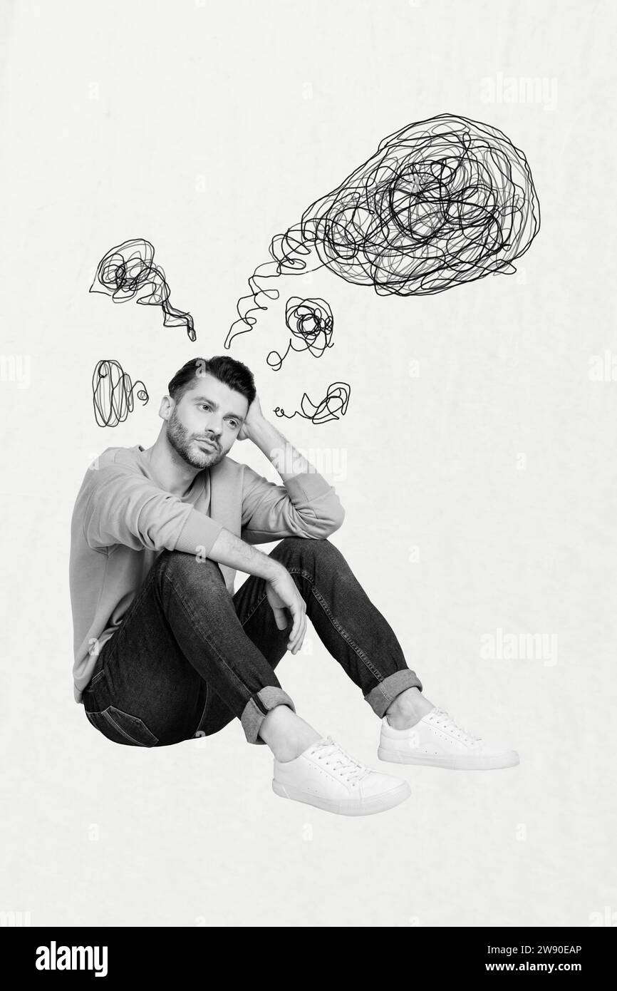 Creative trend collage of sad young man sit overthinking tired chaos ...