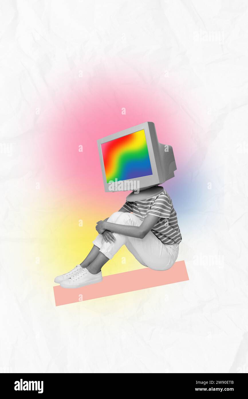 Picture collage colorful artwork of faceless girl with computer in head ...