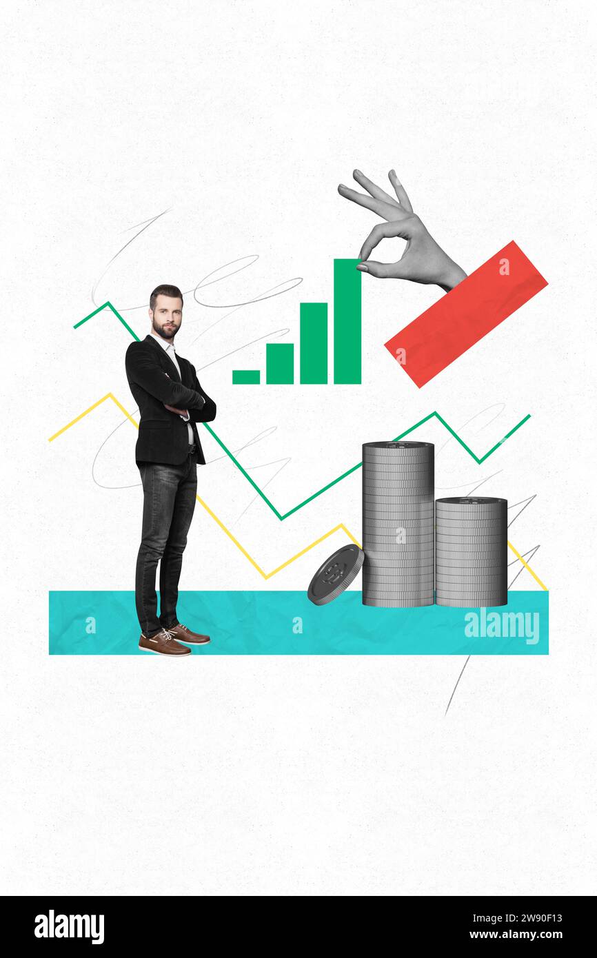 Vertical creative collage picture attractive successful rich man stand ...