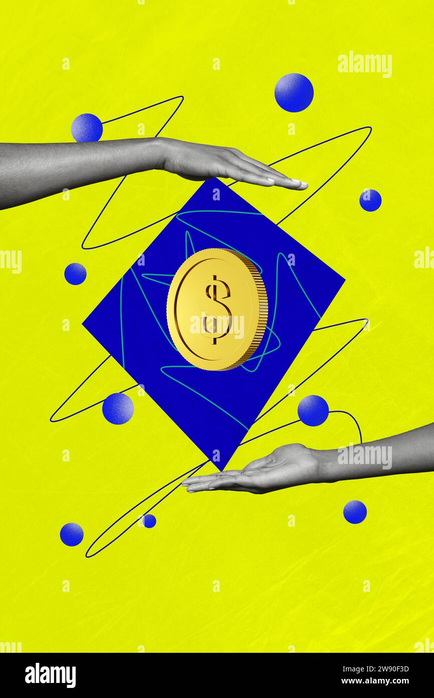 Vertical composite photo collage of two hands holding big golden coin ...