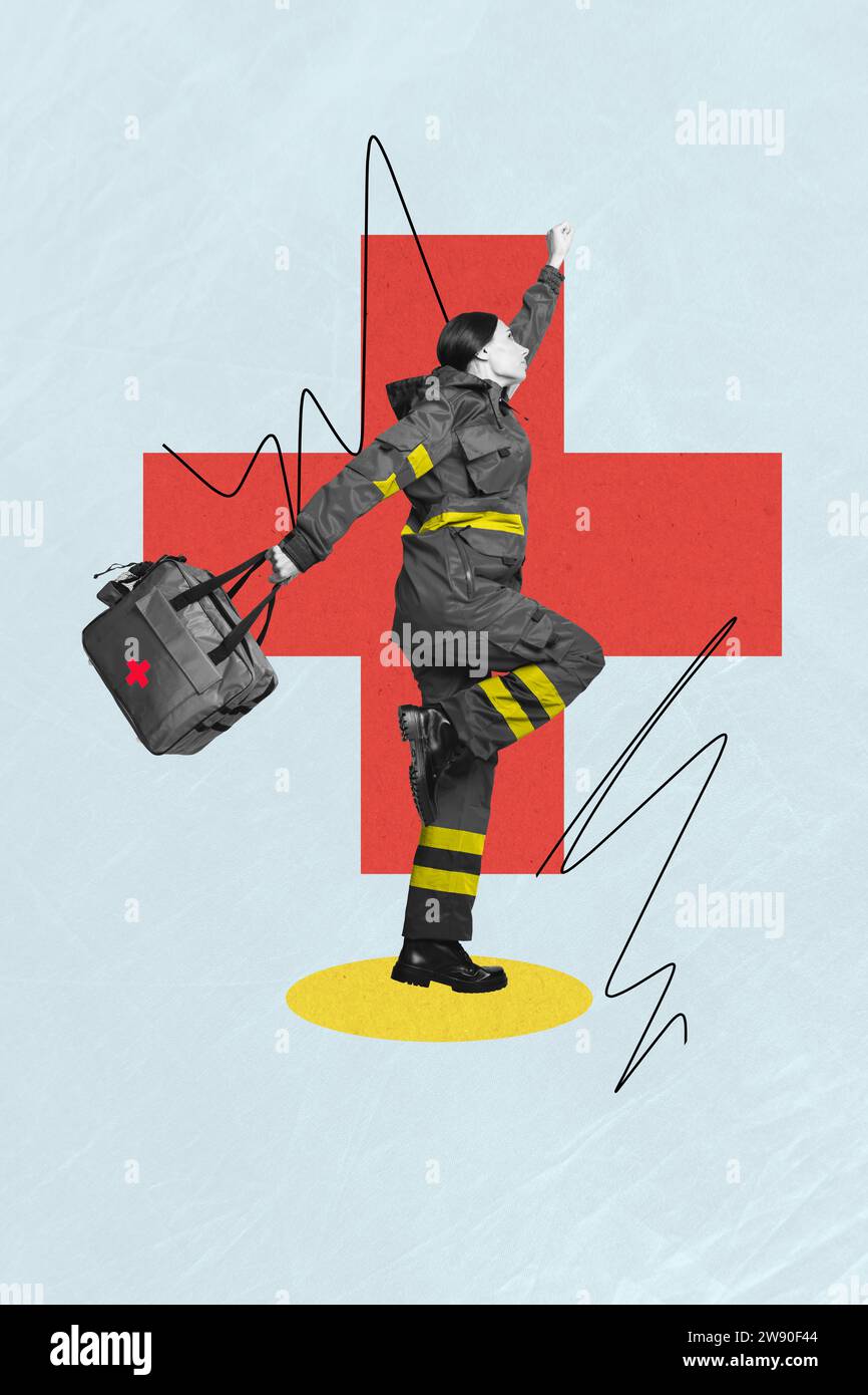 Vertical photo collage of brave female ambulance paramedic with bag ...