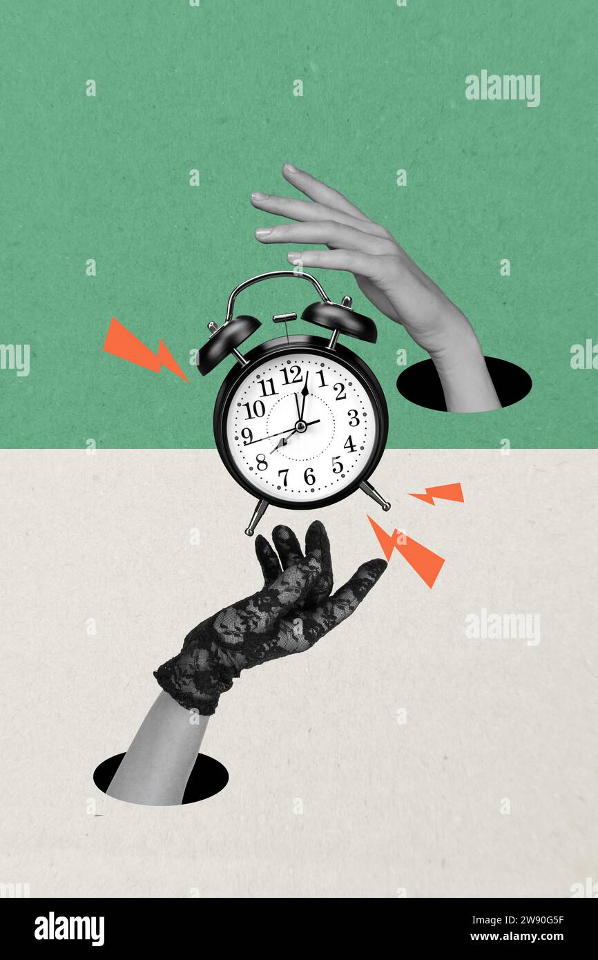Vertical photo collage artwork poster of human arm pressing ringing ...