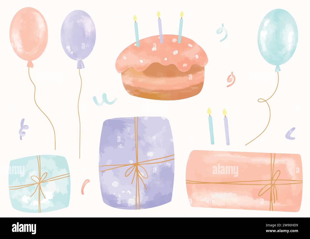 Happy Birthday watercolor set. Hand drawn collection with gift boxes ...