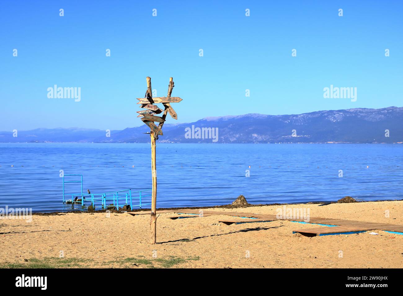 Wooden signpost on the beach in Pogradec in Albania Stock Photo - Alamy