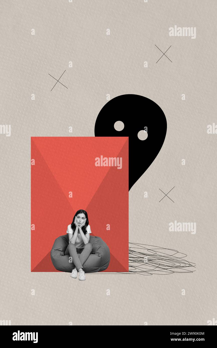 Creative drawing collage picture of sit beanbag girl tangled negative ...