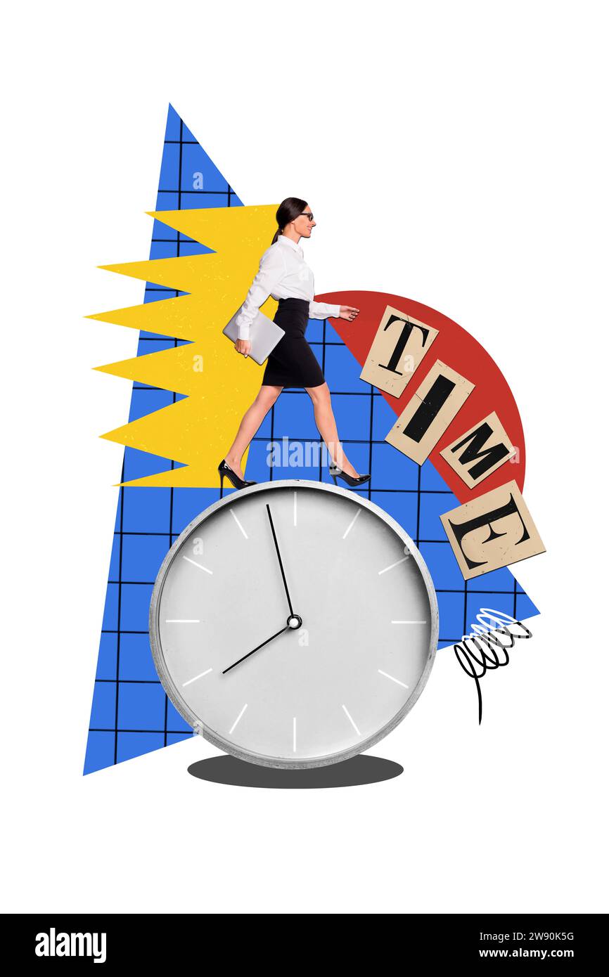 Vertical creative collage picture poster young businesswoman rush hurry ...