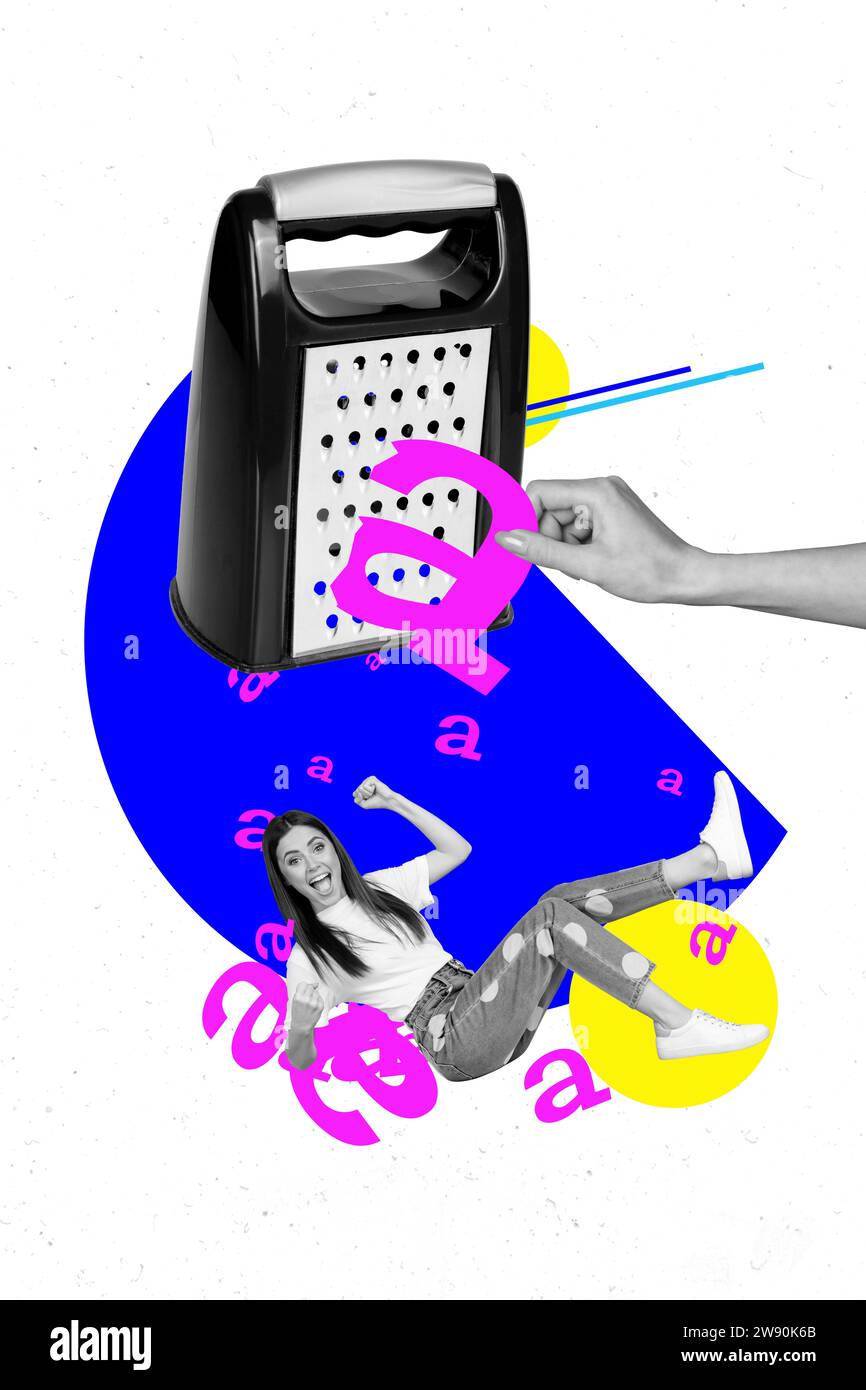 Creative collage of shredded letters cooking grater helps girl catch ...