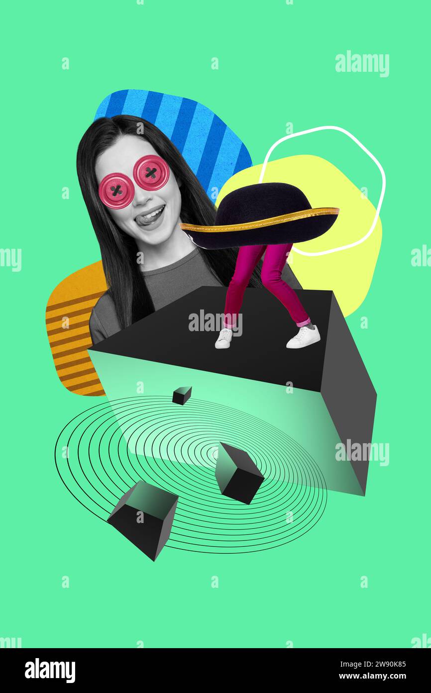 Creative drawing collage picture of funny female buttons eyes hat body ...