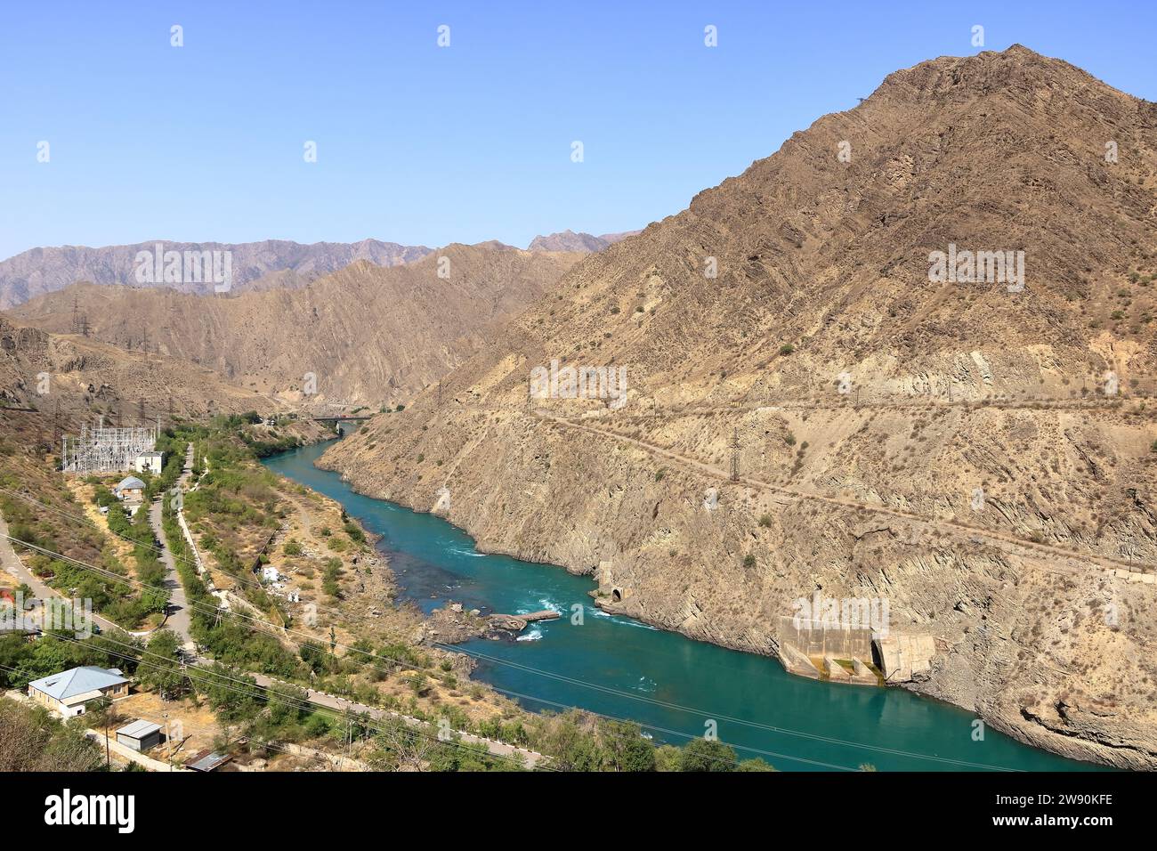 Kurpsai Hydro station. Lower Naryn River Canyon near Toktogul in ...