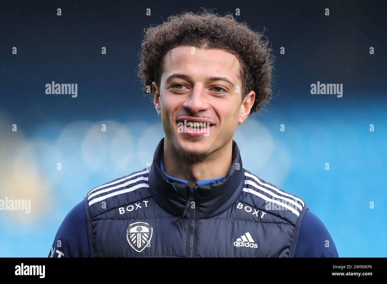 Leeds, UK. 23rd Dec, 2023. Ethan Ampadu #4 of Leeds United arrives at ...