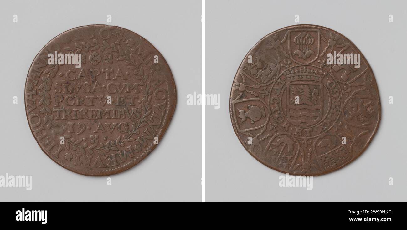 Intake of lock with harbor and fleet, anonymous, 1604 live Copper medal ...