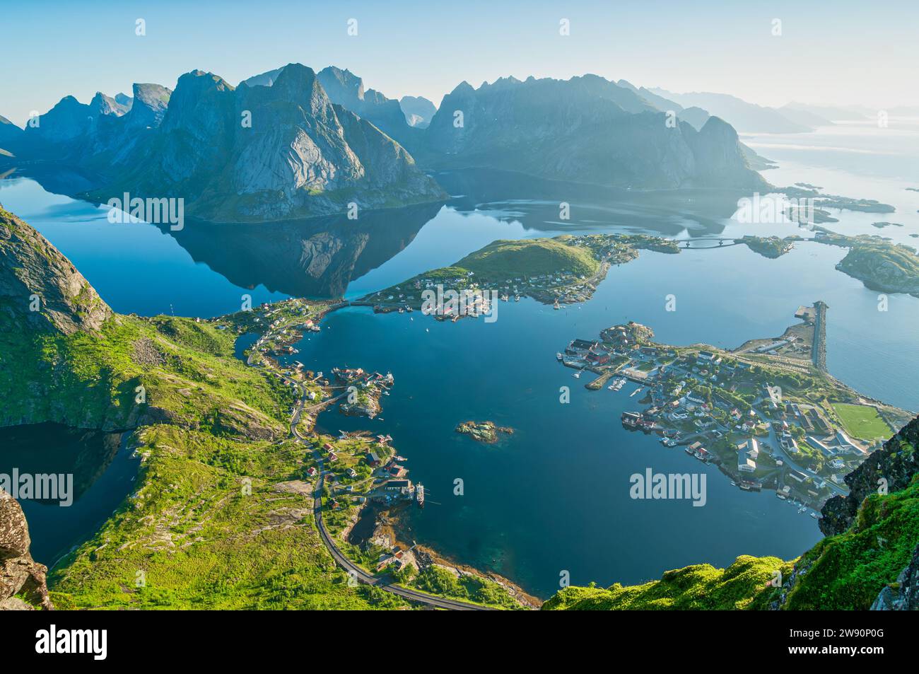 Norwegian fishing village at the Lofoten Islands in Norway, aerial view ...
