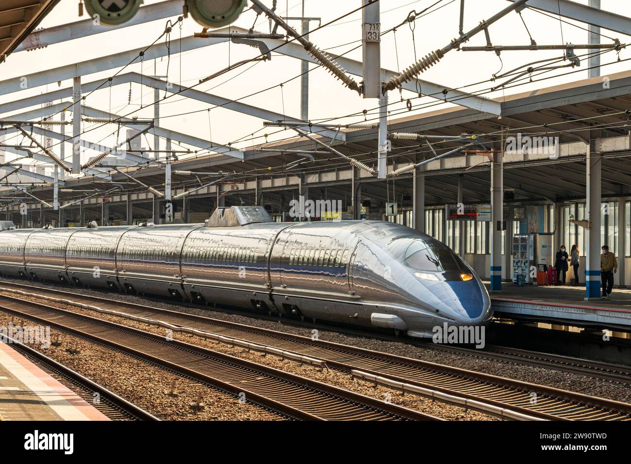 Bullet train, shinkansen, 500 series, Fukuyama station. Eight carriage ...