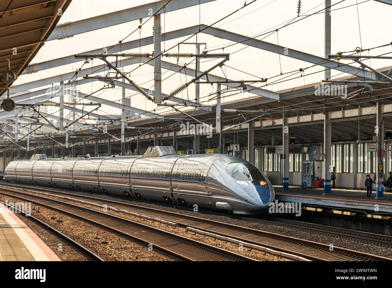 Bullet train, shinkansen, 500 series, Fukuyama station. Eight carriage ...