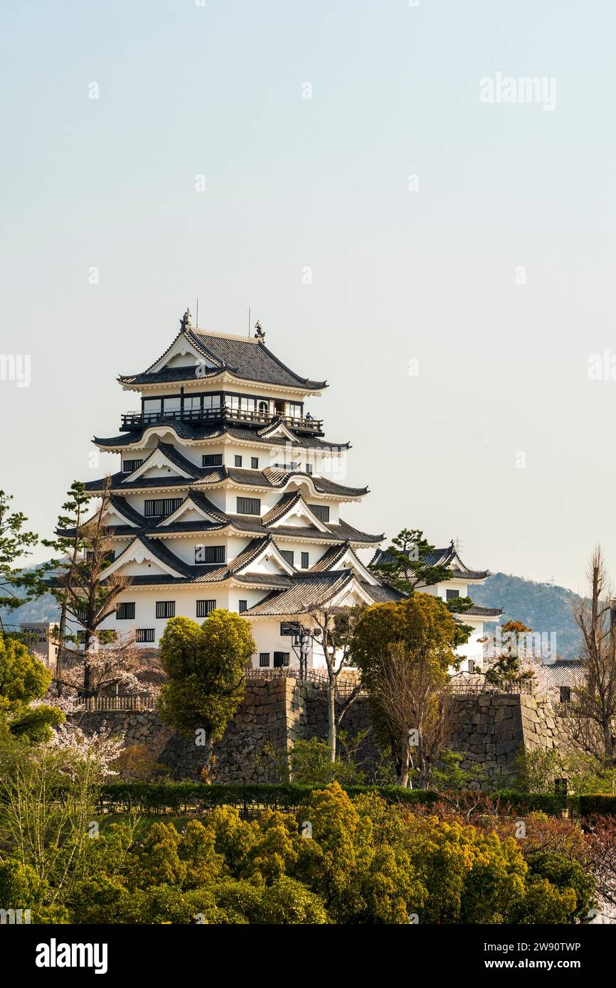 Fukuyama castle, Japan. Trees in front of the ishigaki stone walls of ...