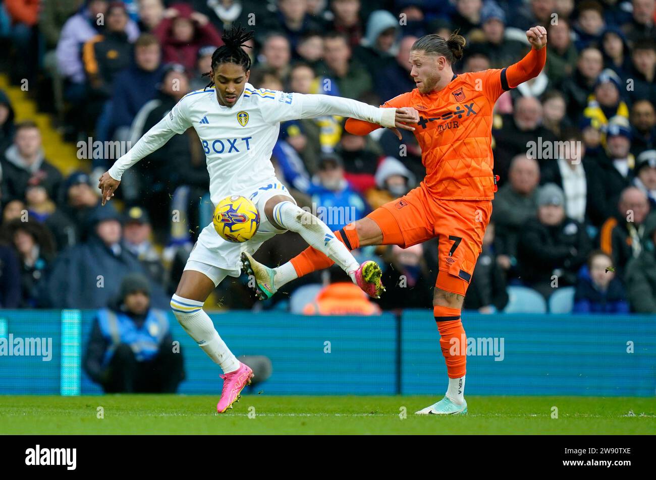 Leeds United's Djed Spence (left) and Ipswich Town's Wes Burns battle ...