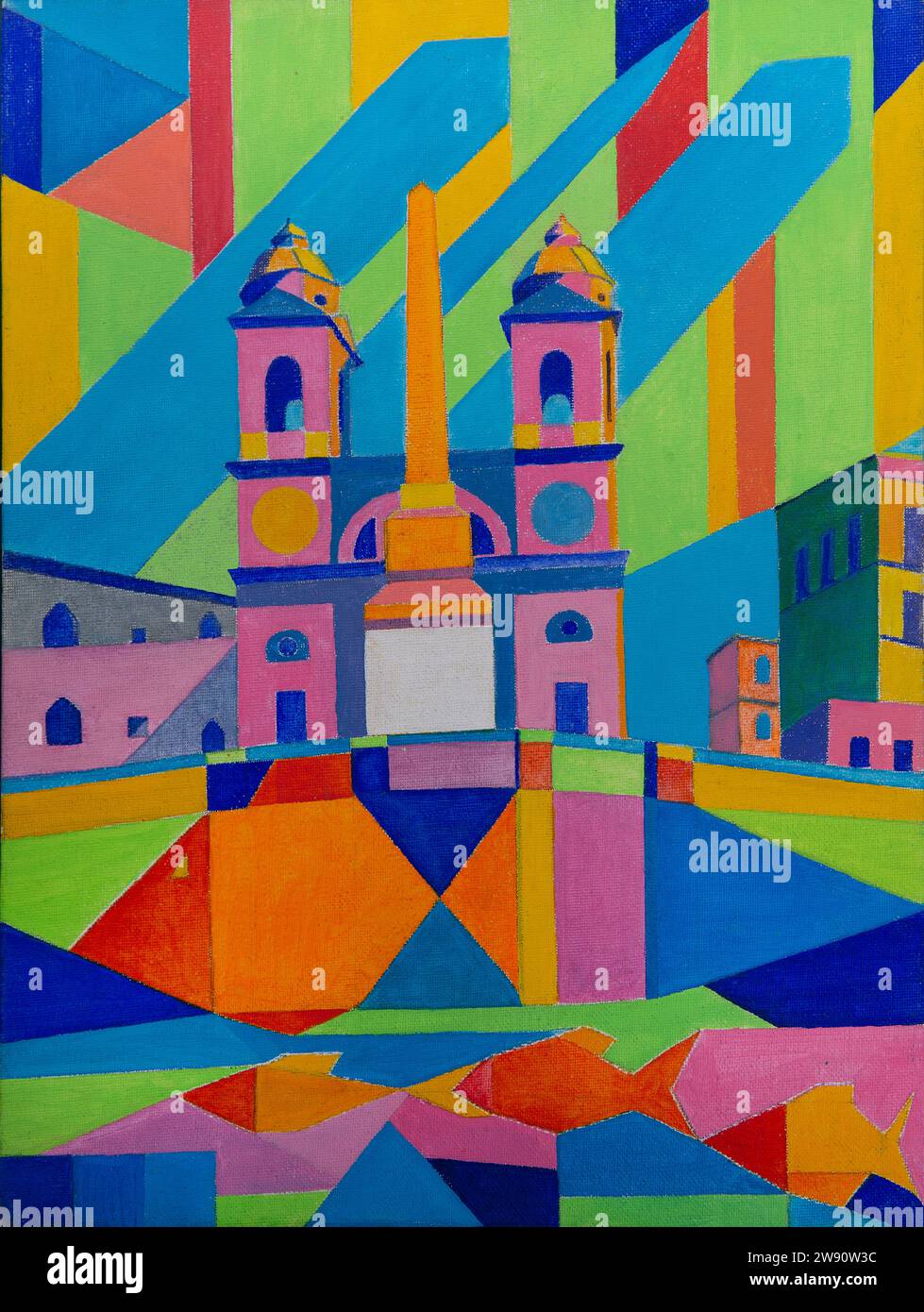 Abstract art painting of fishes and Spanish Steps in Rome Italy Stock ...