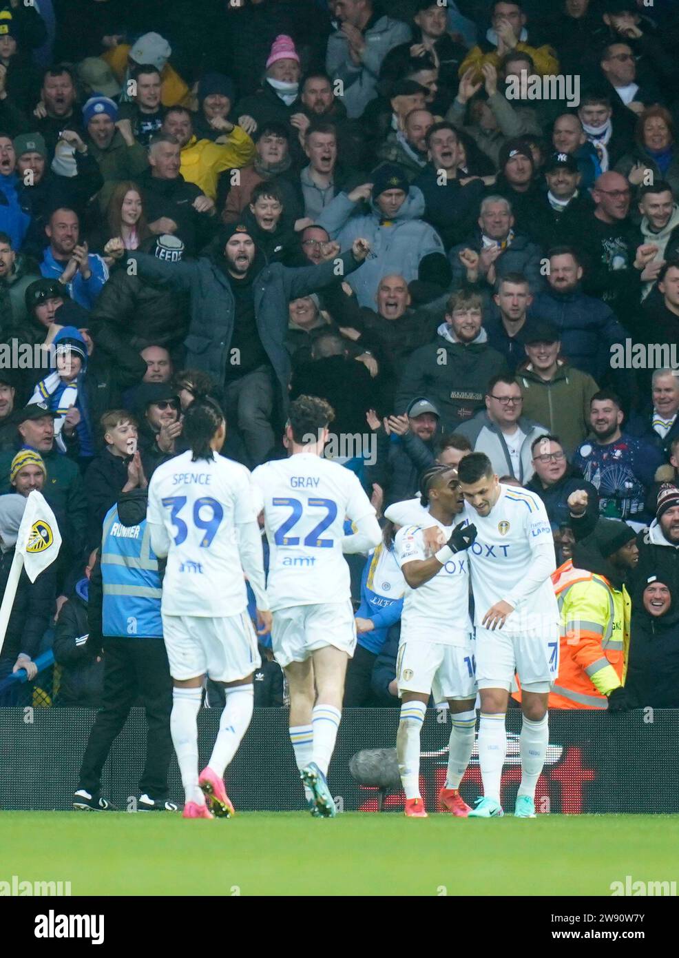 Leeds United's players celebrate after taking a two goal lead after ...
