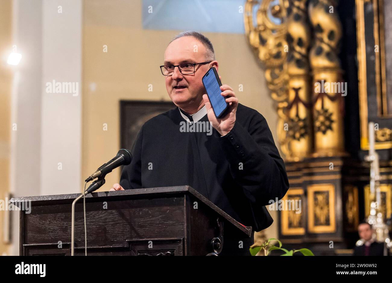 Litomerice, Czech Republic. 23rd Dec, 2023. Stanislav Pribyl speaks at ...