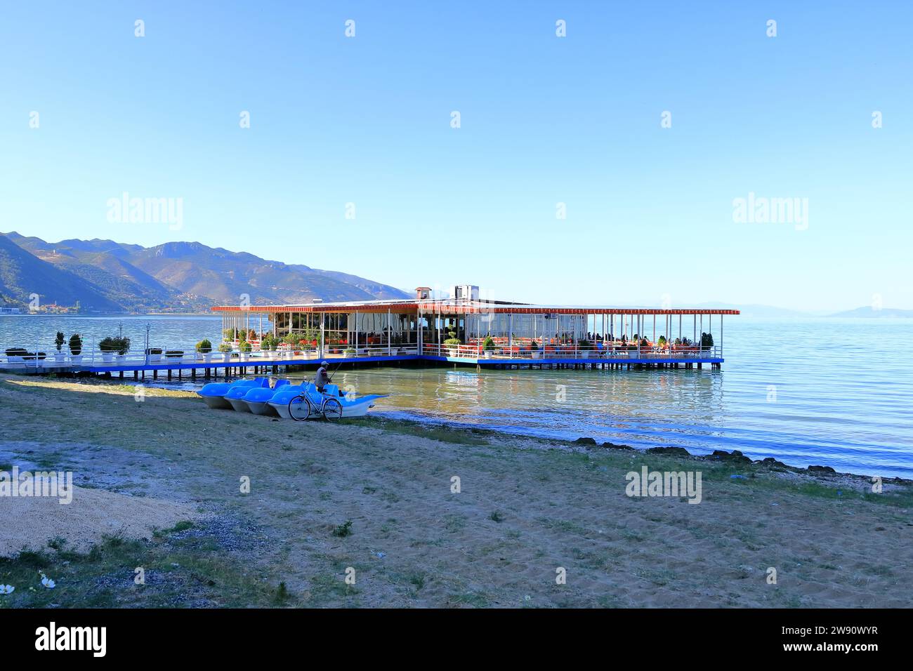 September 11 2023 - Pogradec in Albania: Ohrid Lake shore with some ...