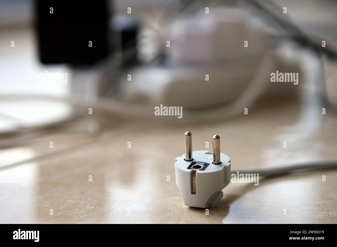 Overloaded power boards. Power strips with different electrical plugs ...