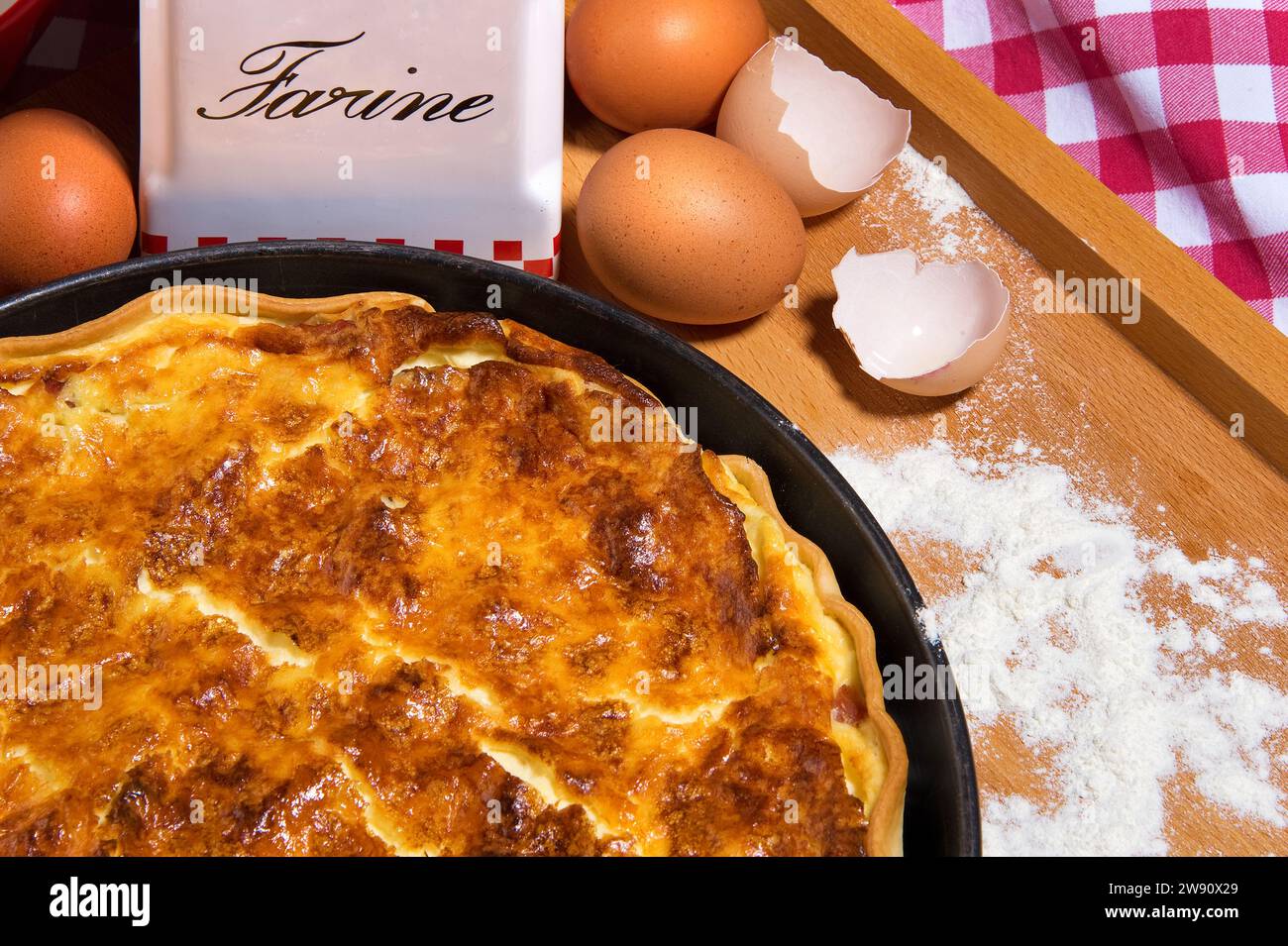 Quiche Lorraine, traditional with French lettering "Flour Stock Photo ...