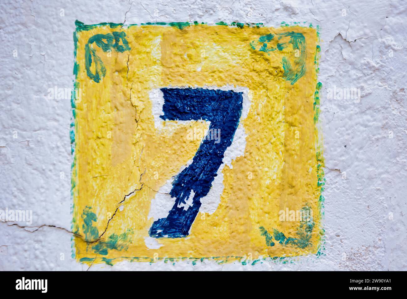 Old Weathered House Number 7, Drawing on Wall Stock Photo - Alamy