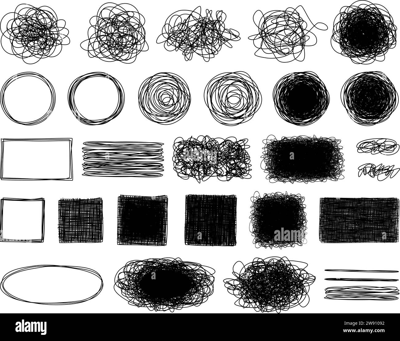 Set of tangled grungy round, oval, square, rectangular and messy ...