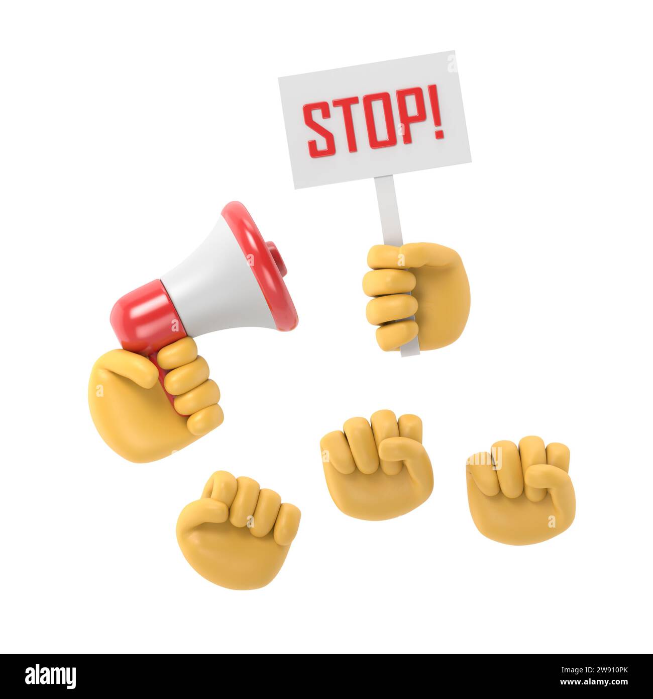 Cartoon hands of demonstrants and hand with Megaphone and stop sign ...