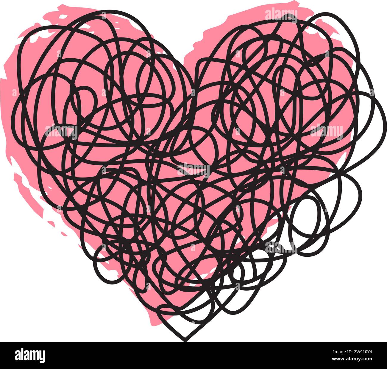 Tangled grungy scribble heart hand drawn with thin line and pink ink ...