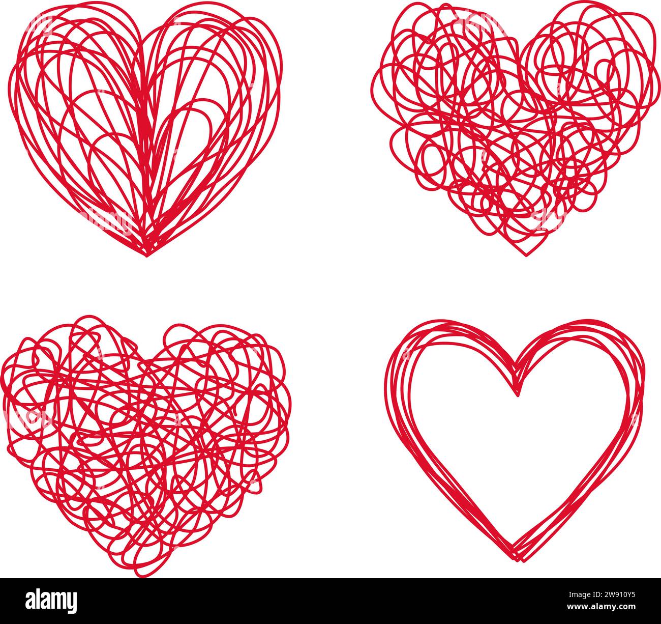 Set of four tangled grungy heart scribbles hand drawn with thin line ...
