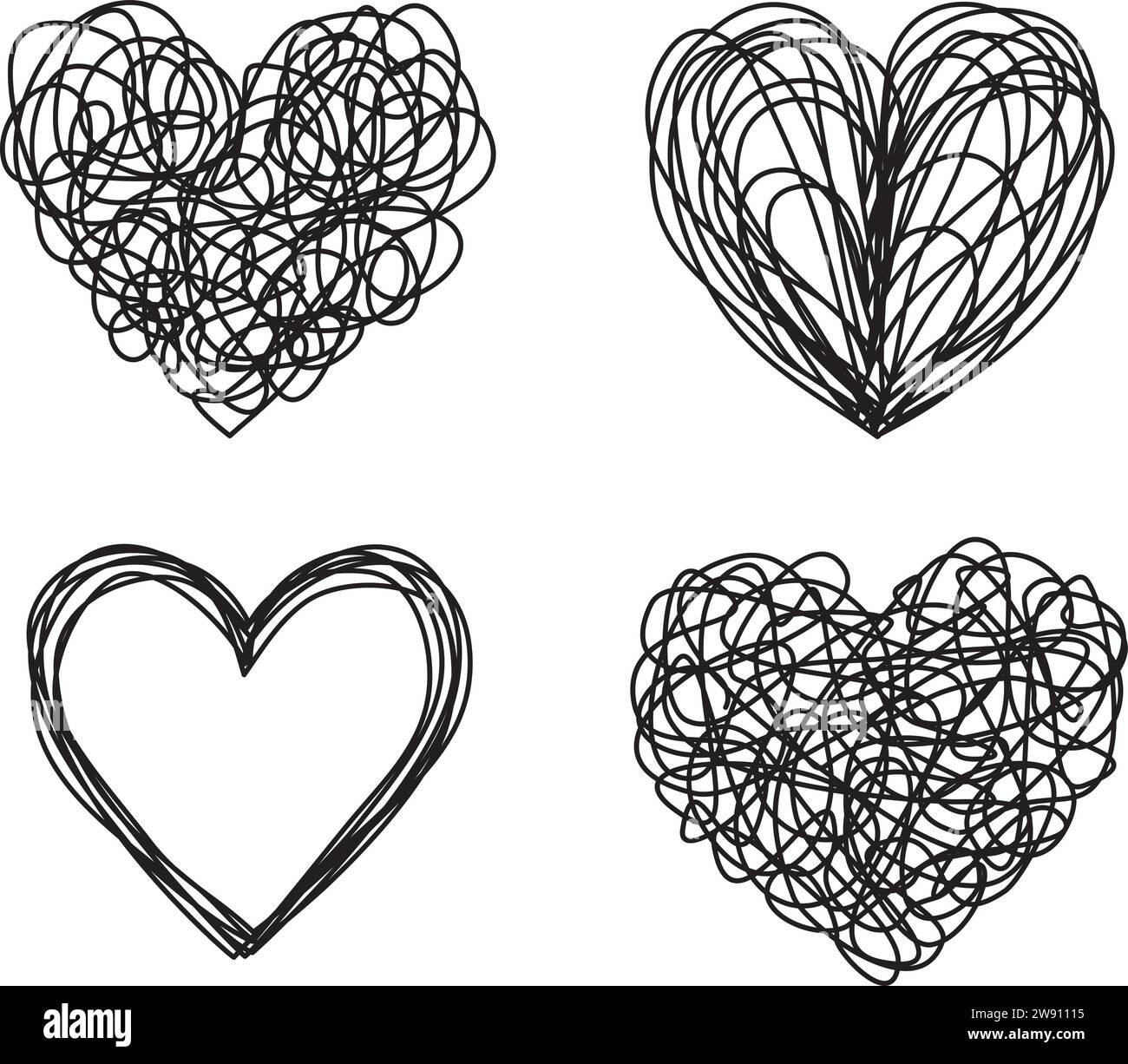 Set of four tangled grungy heart scribbles hand drawn with thin line ...