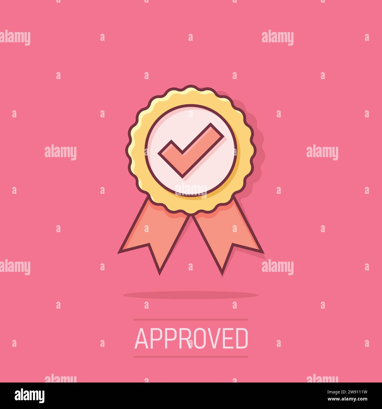 Approved certificate medal icon in comic style. Check mark stamp vector ...