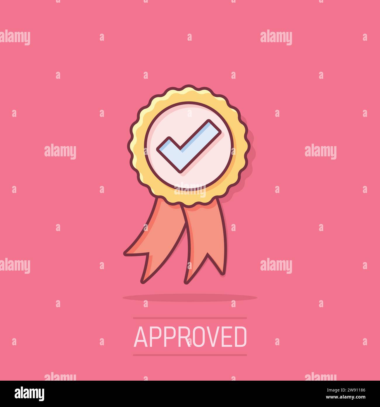 Approved certificate medal icon in comic style. Check mark stamp vector ...