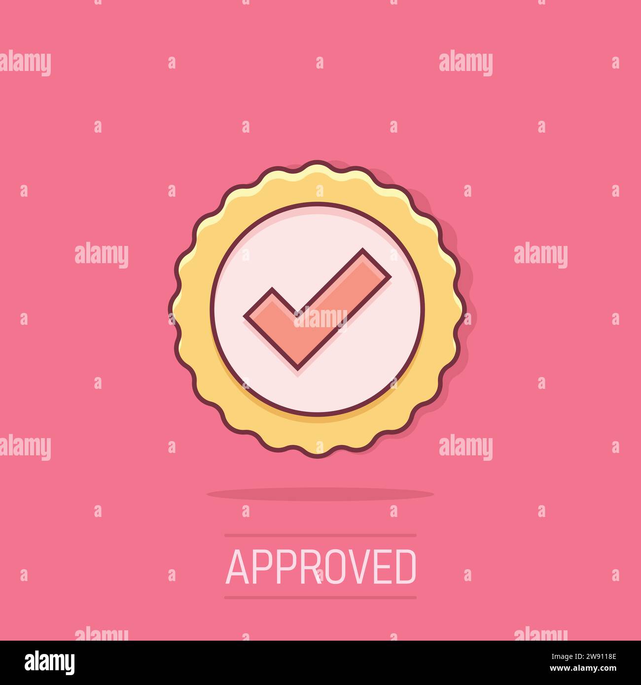 Approved certificate medal icon in comic style. Check mark stamp vector ...