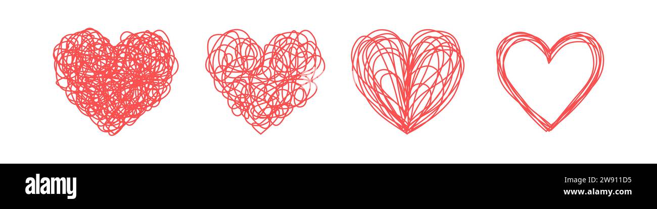 Set of four tangled grungy heart scribbles hand drawn with thin line. Isolated on white ...
