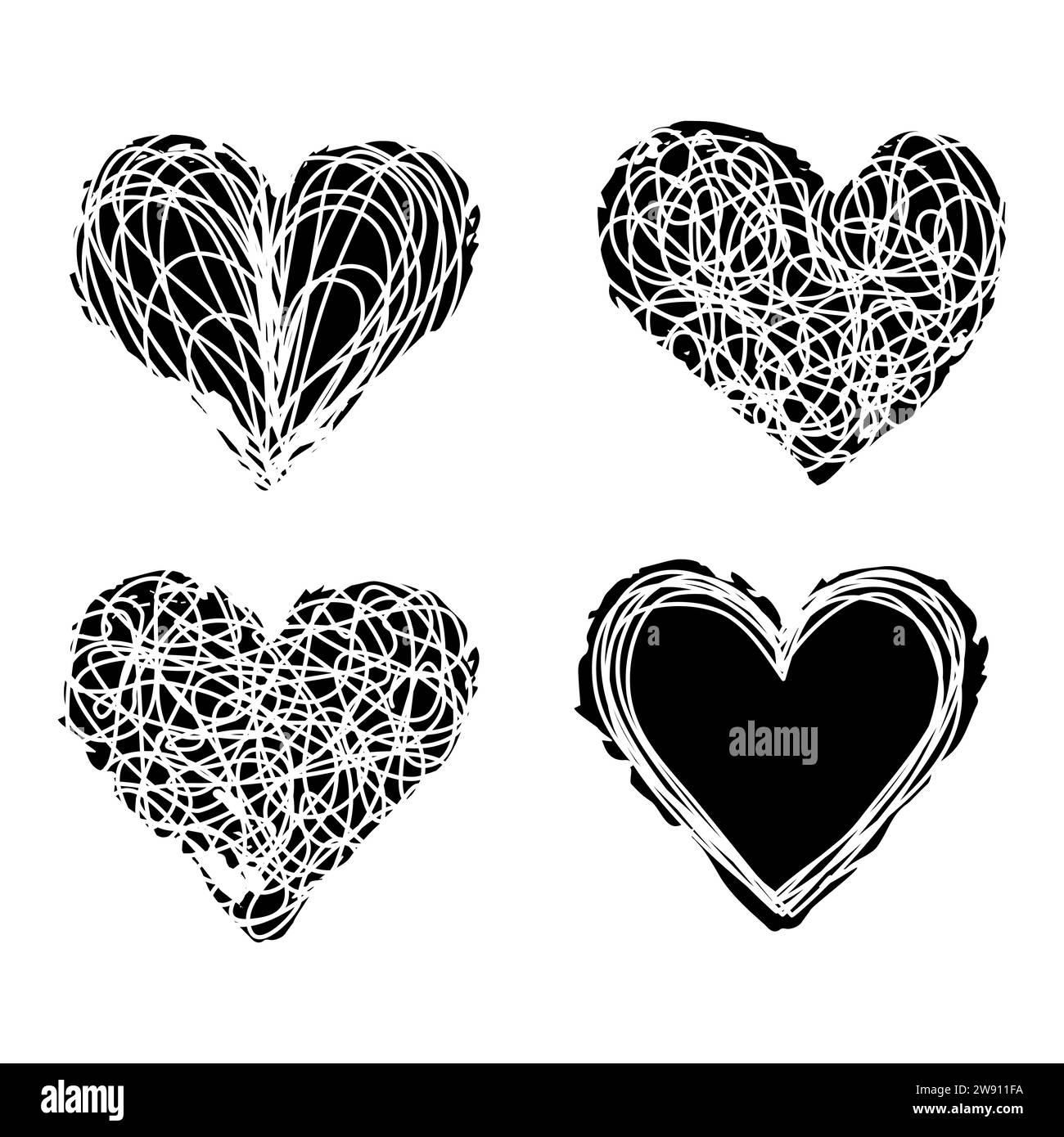 Tangled grungy scribble hearts set, hand drawn with thin line and red ...