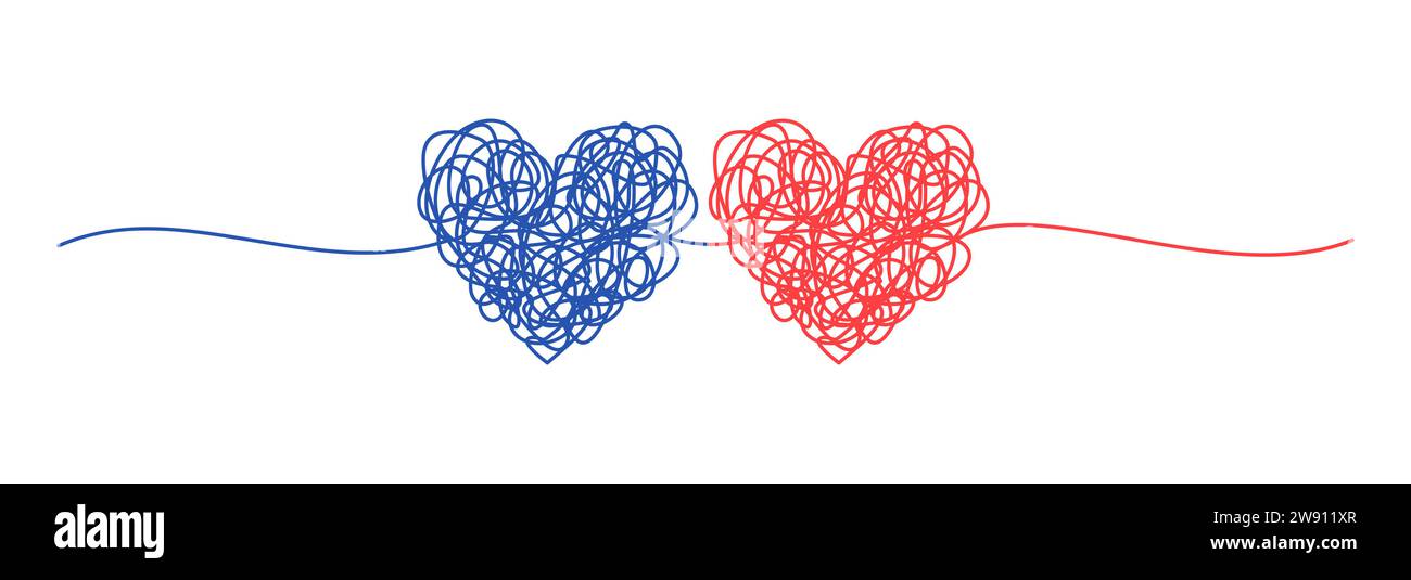 Two tangled hearts pink and blue hand drawn scribble with thin line ...