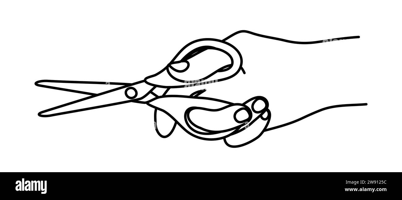 Hand holding scissors, cutting montion. Hand drawn with thin line ...